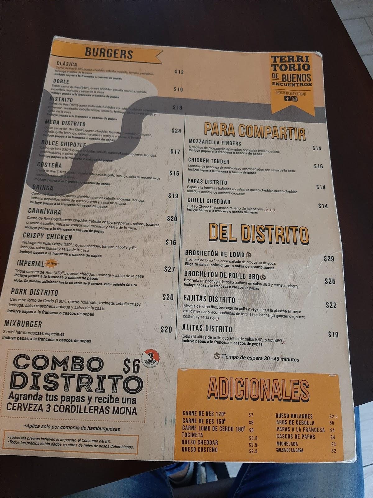 Carta de Distrito Burger Bar - Bocagrande, Cartagena