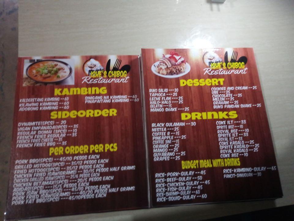Carta de Ishe's Chibog Restaurant, Tayug