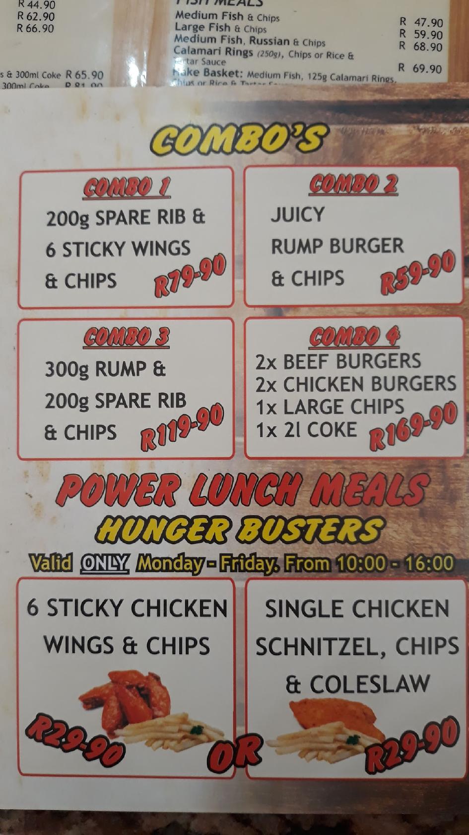Menu at Poorboys restaurant, Pretoria, 70 Zambesi Drive