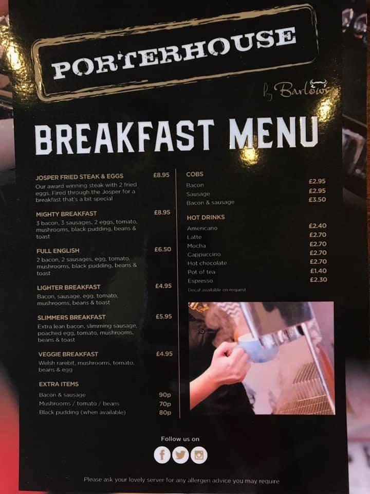 Menu at Porterhouse by Barlows, Nottingham