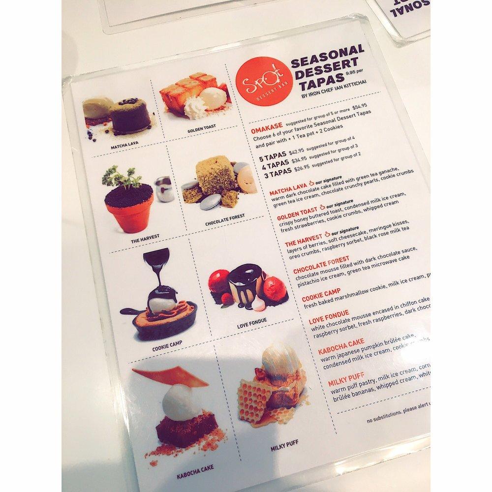Menu at Spot Dessert Bar, New York City, 13 St Marks Pl