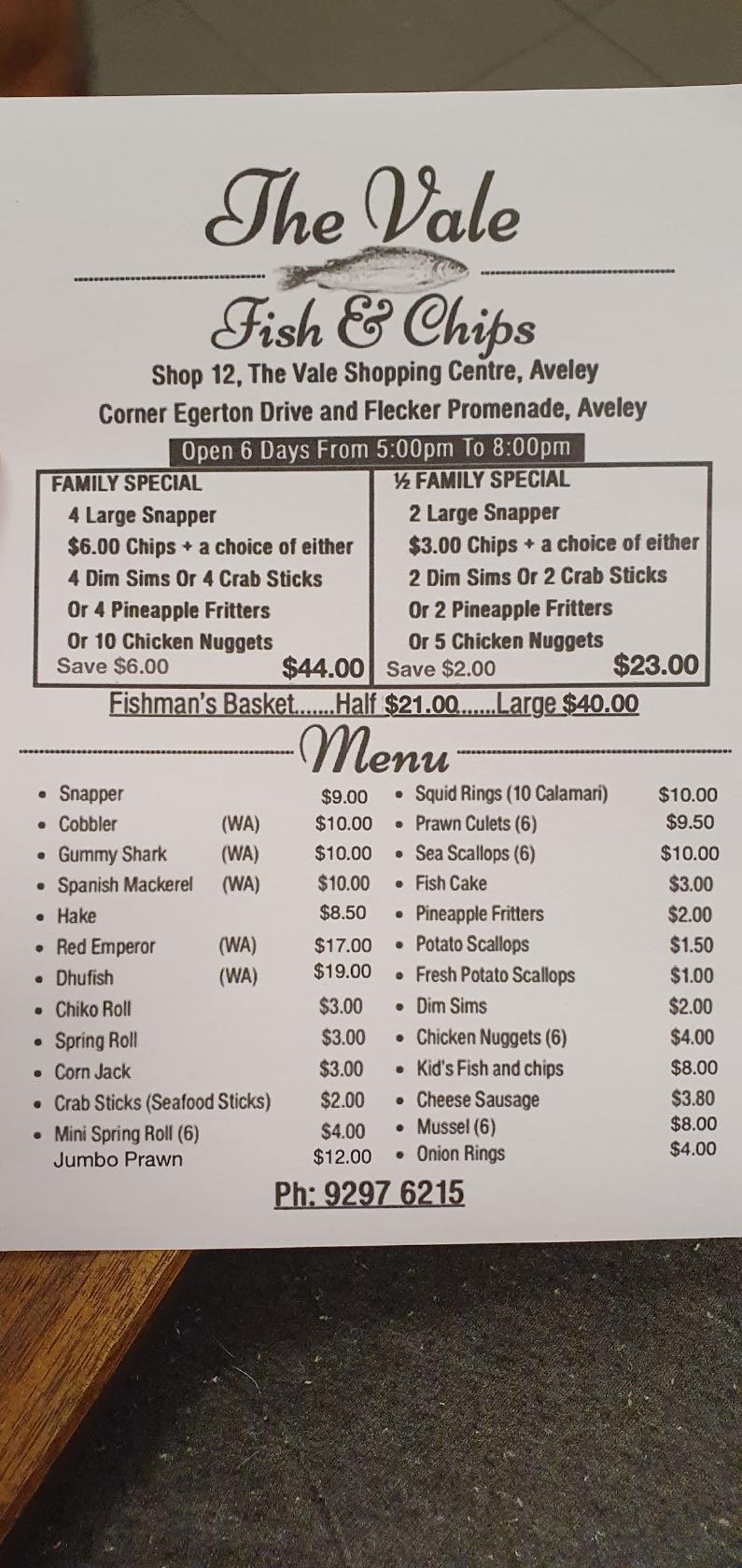 Menu at Vale Fish & Chips restaurant, Aveley