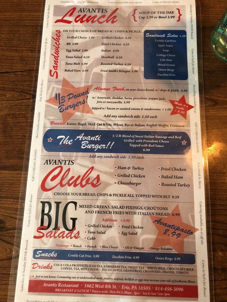 Menu at Avanti's restaurant, Erie