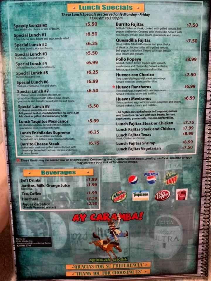 Menu at Ay Caramba Mexican Grill & Bar, Asheville, 328 New Leicester ...