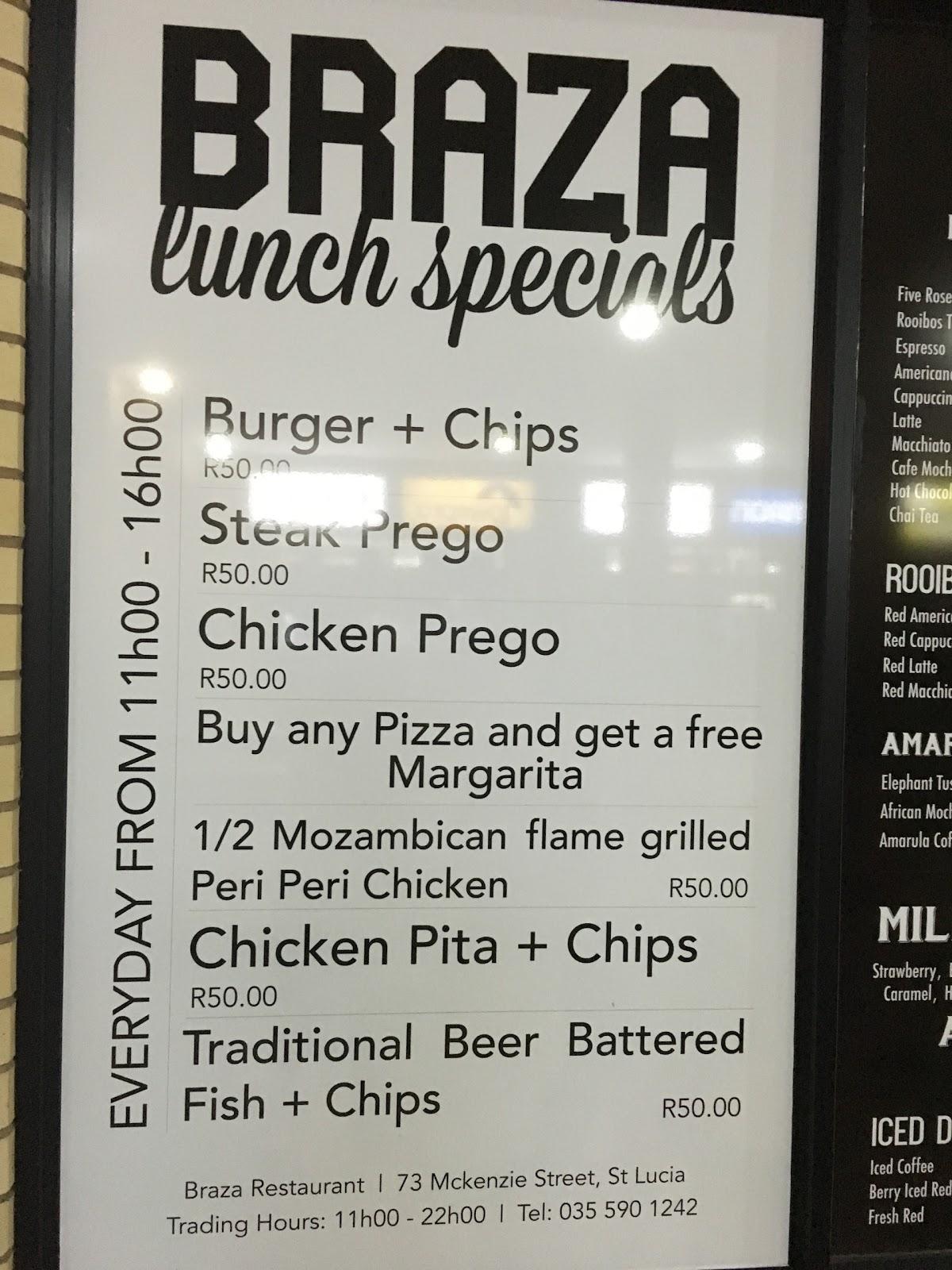 Menu at Braza restaurant, Saint Lucia