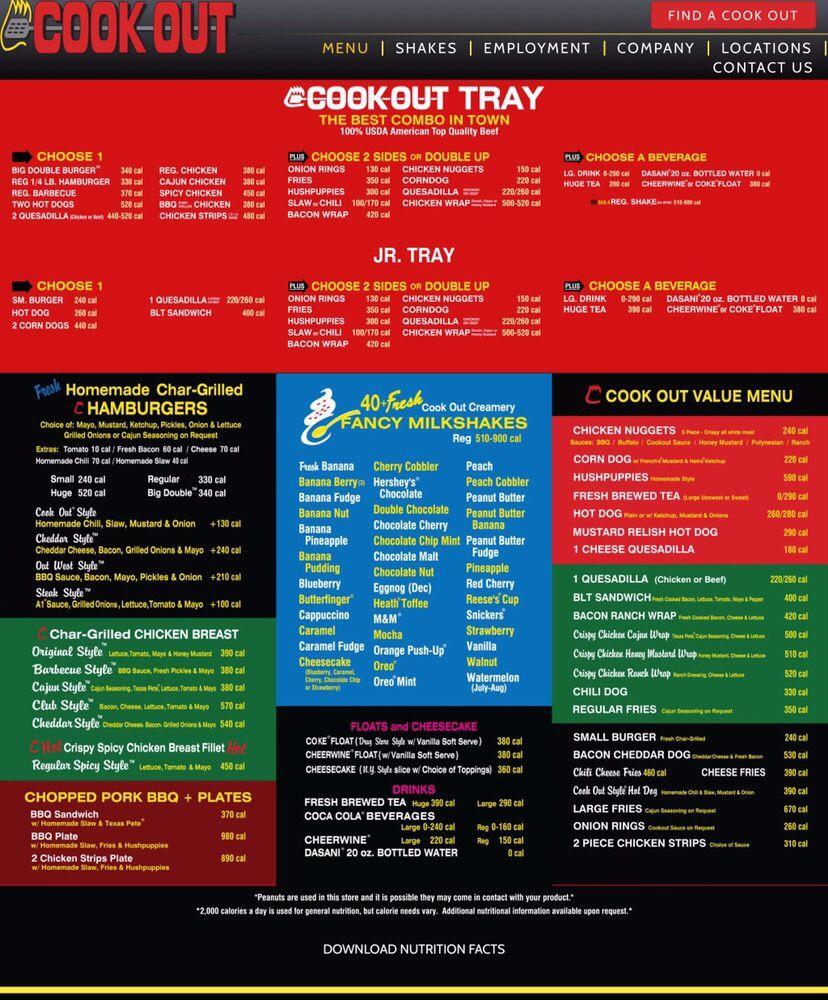 Menu at Cook Out fast food, Hendersonville