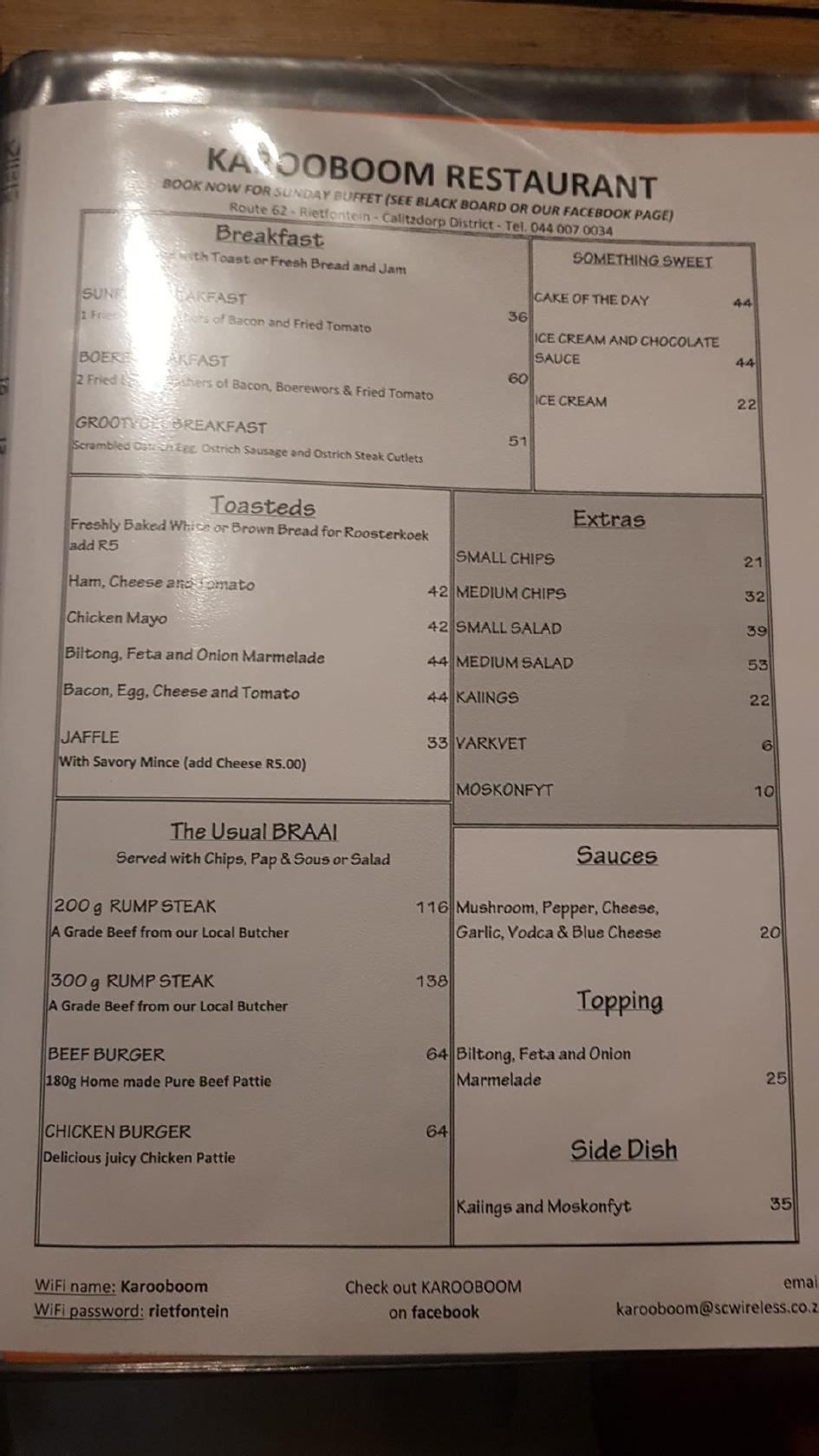 Menu at Karooboom Braai Restaurant and Shop Calitzdorp, South Africa