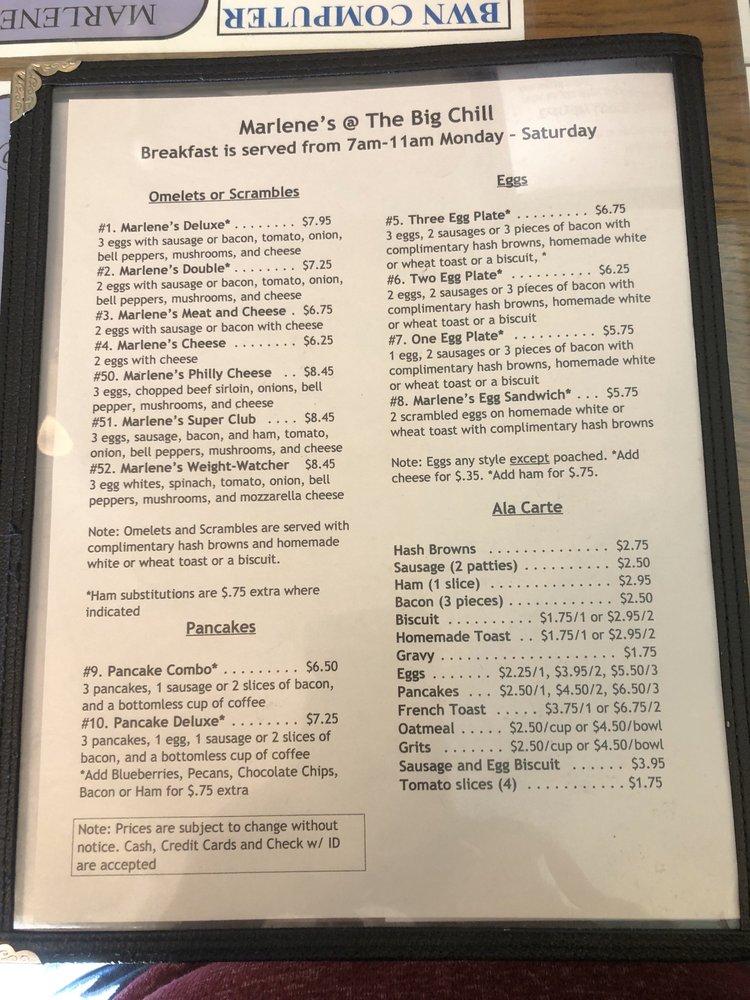 Menu at Marlene's the Big Chill restaurant, Graham