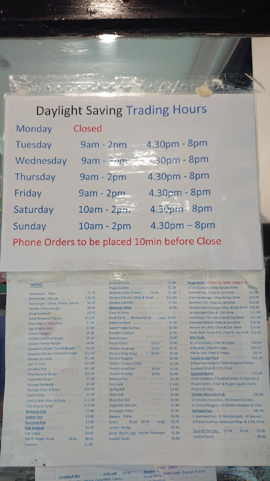 Menu at Perry Oval Takeaway restaurant, Orange