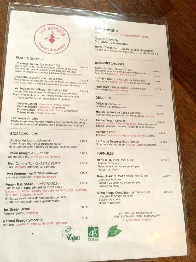 Menu at Sol Semilla restaurant, Paris