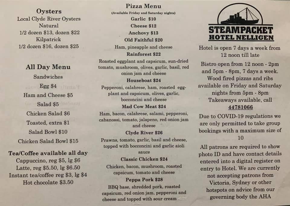 Menu at Steampacket Hotel Nelligen pub & bar, Nelligen