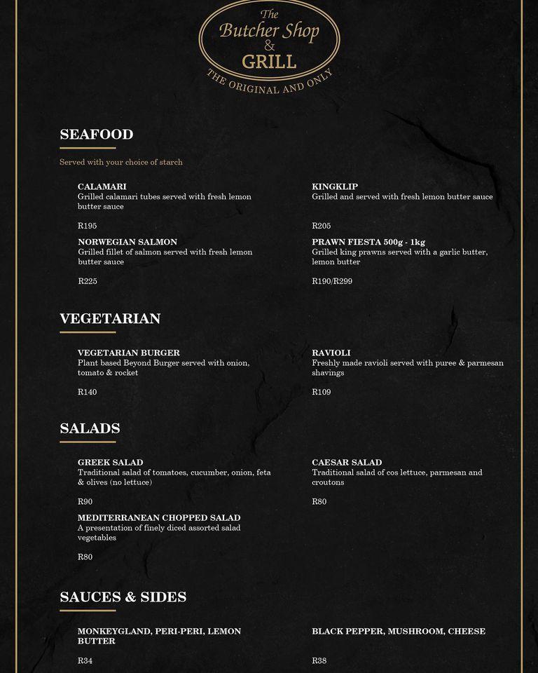 Menu au The Butcher Shop & Grill restaurant à viande, Le Cap, 125 Beach Rd