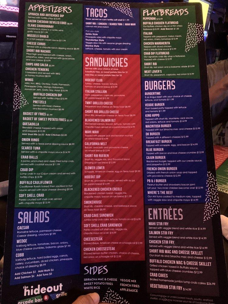Menu at The Hideout Arcade Bar & Grille, Rehoboth Beach