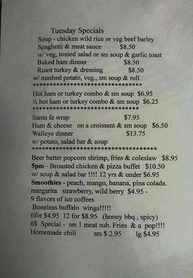 Menu at Thompson's Café pizzeria, Cavalier