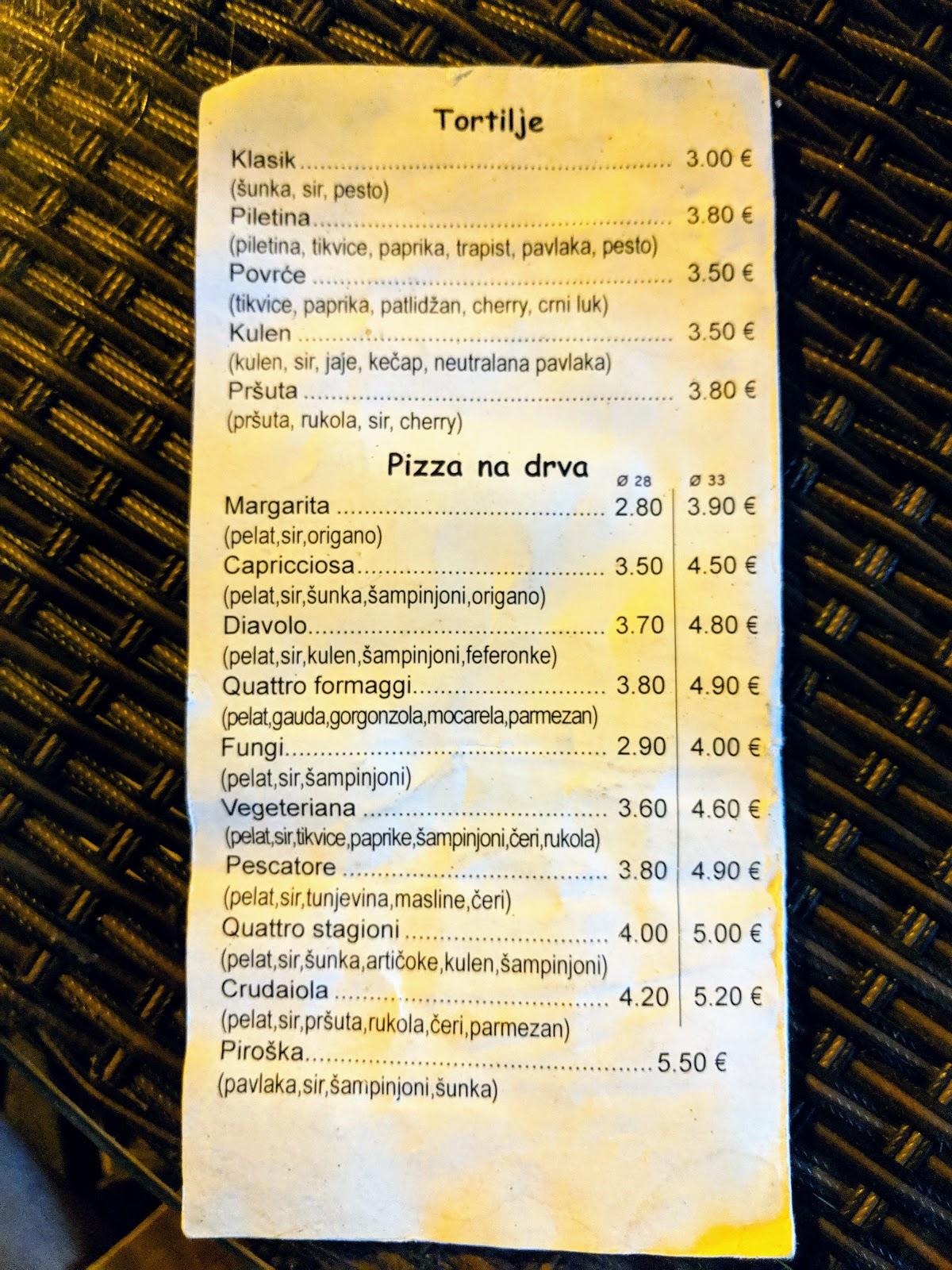 Menu at Corto Maltese restaurant, Podgorica
