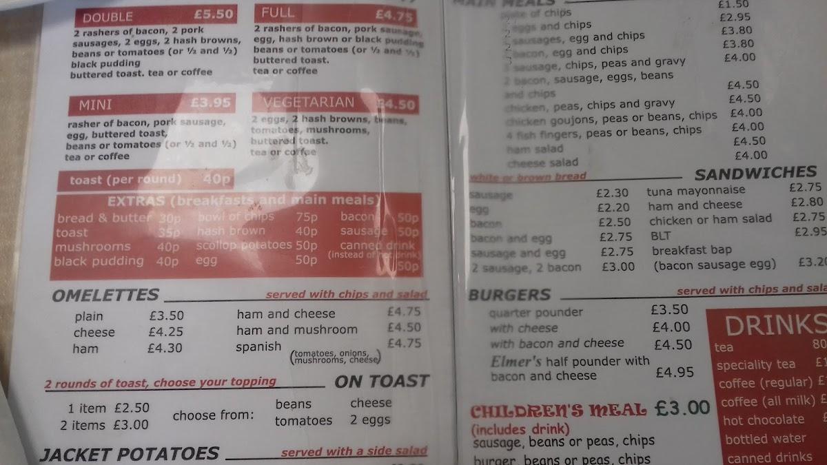 Menu at Elmers Take a Break Cafe, Cardiff