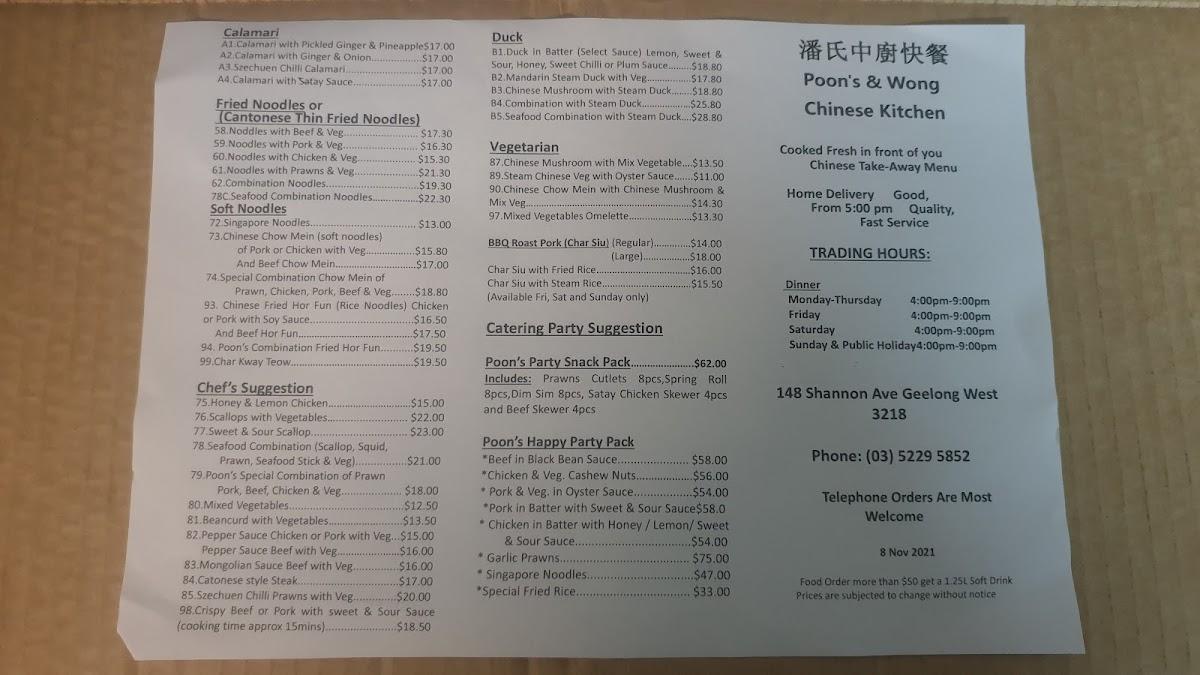 Menu at Poon's & Wong Chinese Kitchen fast food, Geelong West