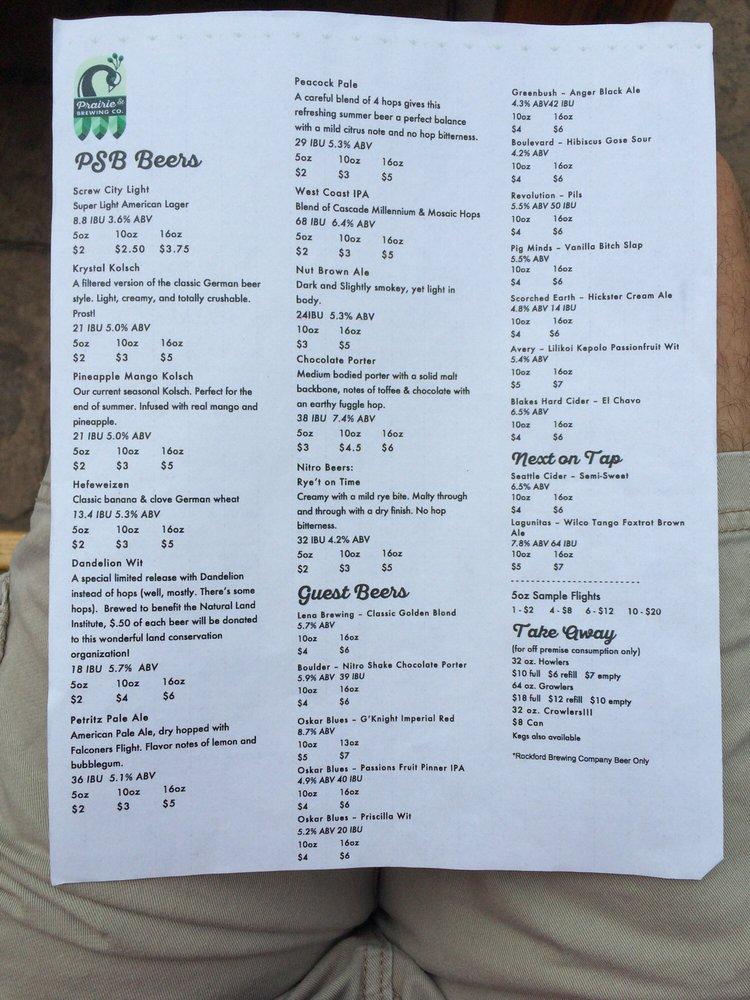 Menu at Prairie Street Brewing Co pub & bar, Rockford