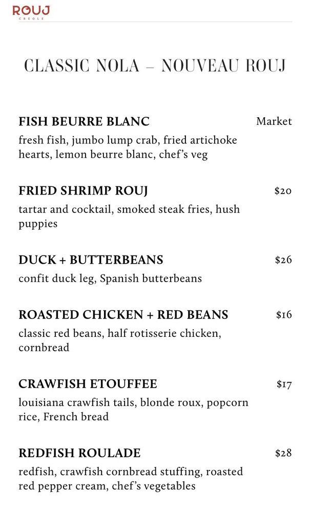 Menu at Rouj Creole restaurant, Baton Rouge