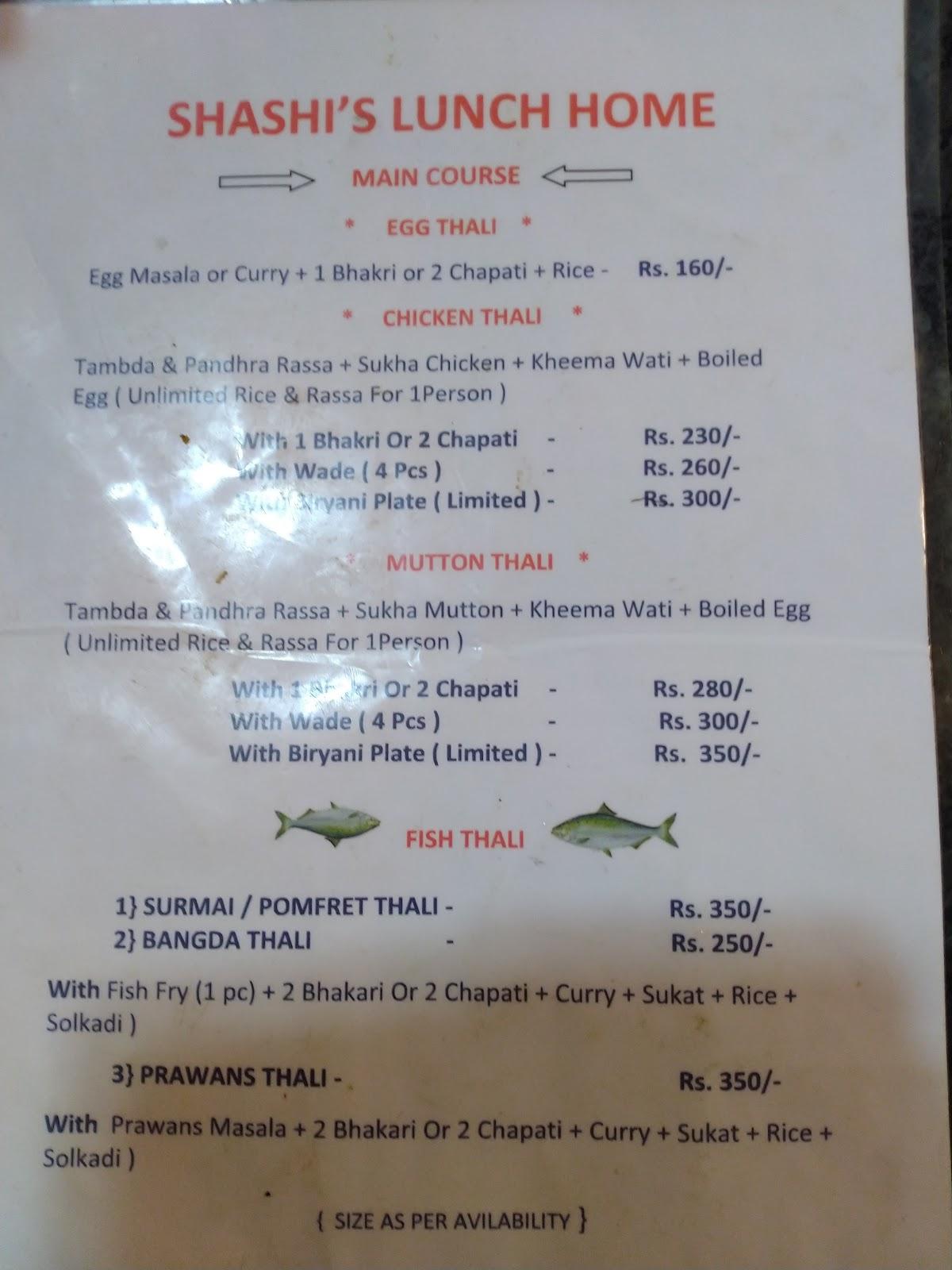 Menu at Shashi’s Lunch Home, Mahabaleshwar