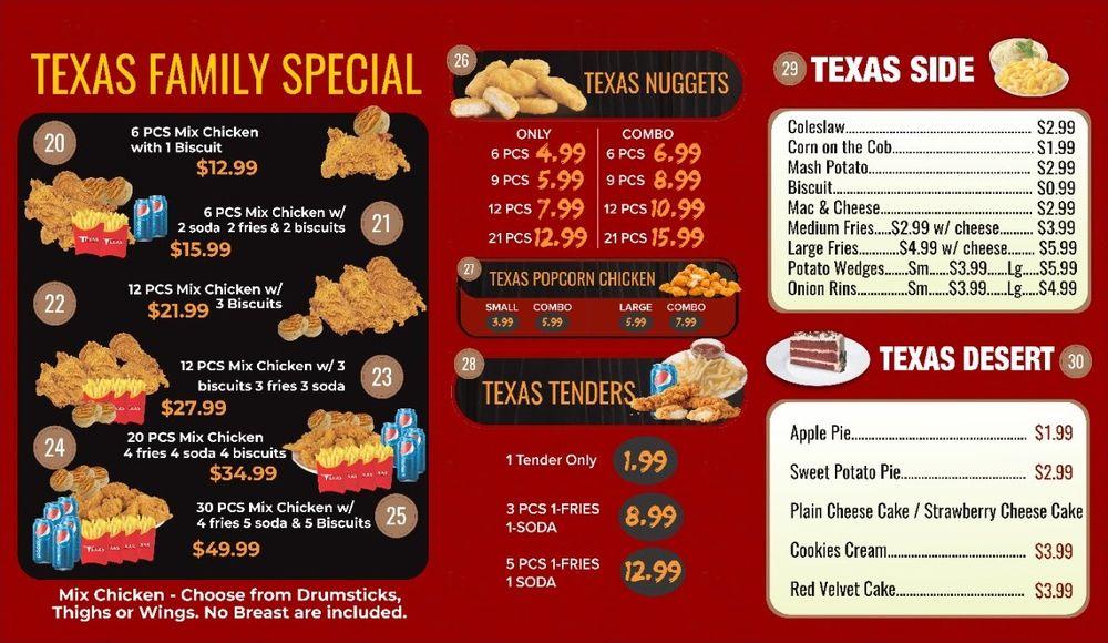 Menu at TEXAS CRISPY CHICKEN & BURGER fast food, New York City