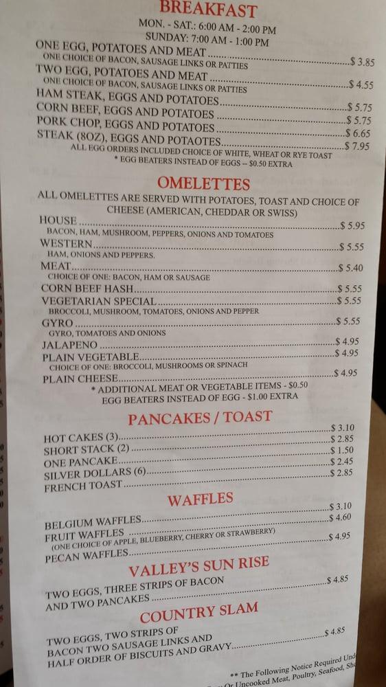 Menu at Valley restaurant, Granger