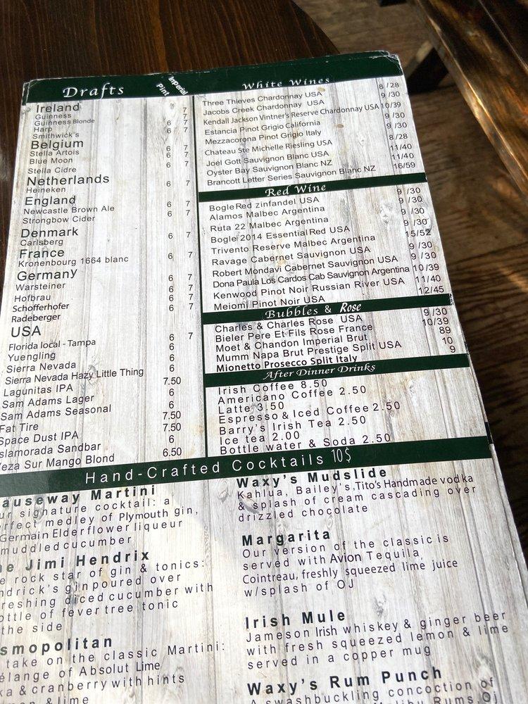 Menu at Waxy's Irish Pub, Fort Lauderdale