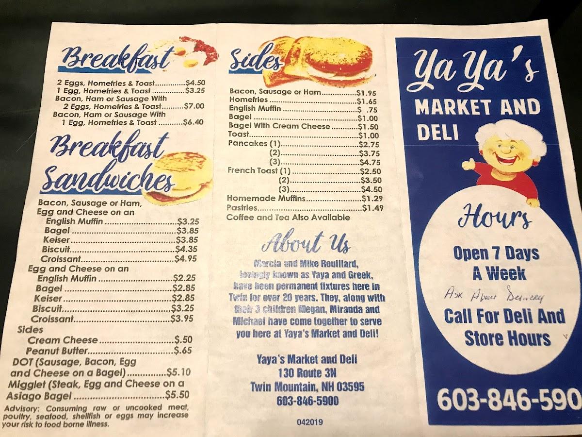 Menu at YAYA's Market and Deli pizzeria, Carroll