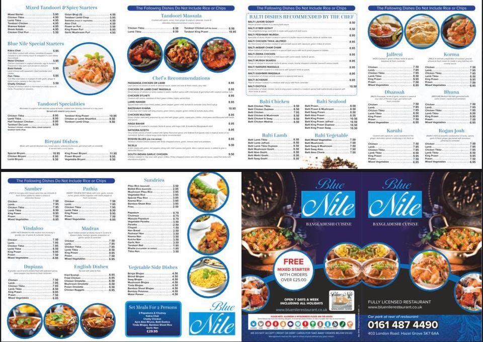 Menu at Blue Nile restaurant, Stockport