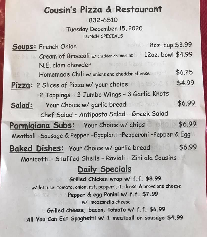 Menu at Cousin's Pizza pizzeria, Wingdale, NY-22