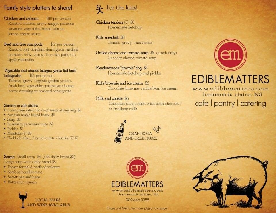 Menu au Edible Matters café, Upper Hammonds Plains
