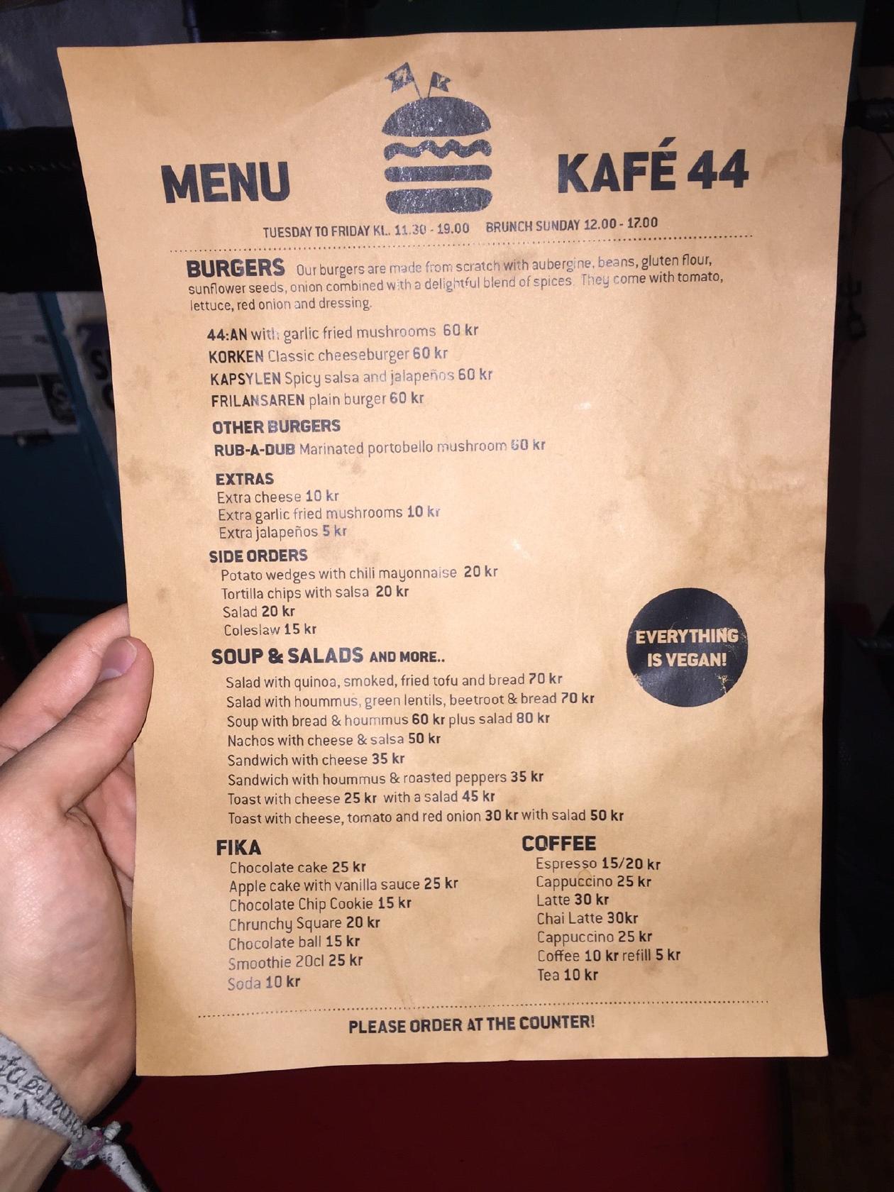 Menu at Kafé 44 cafe, Stockholm, Tjärhovsgatan 46
