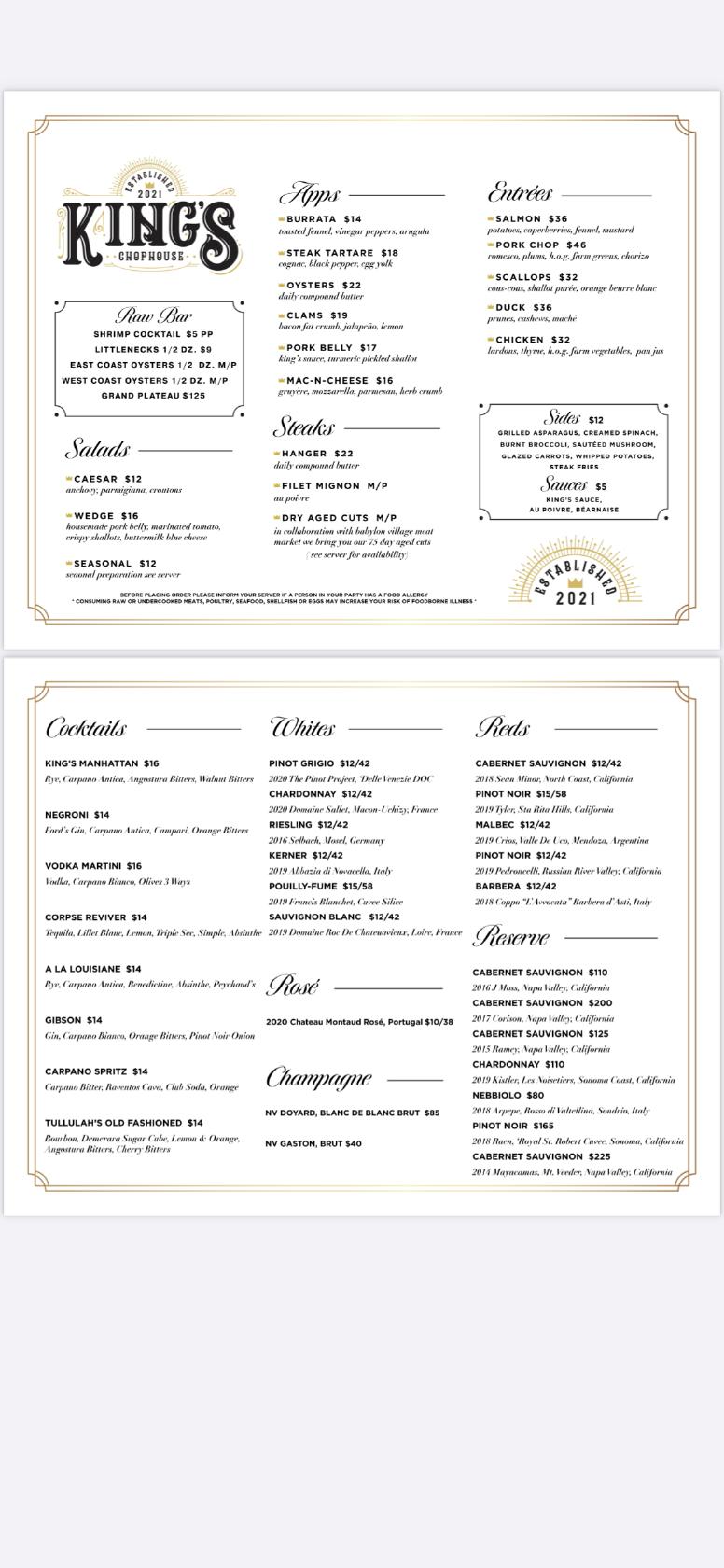 Menu at King's Chophouse steakhouse, Bay Shore
