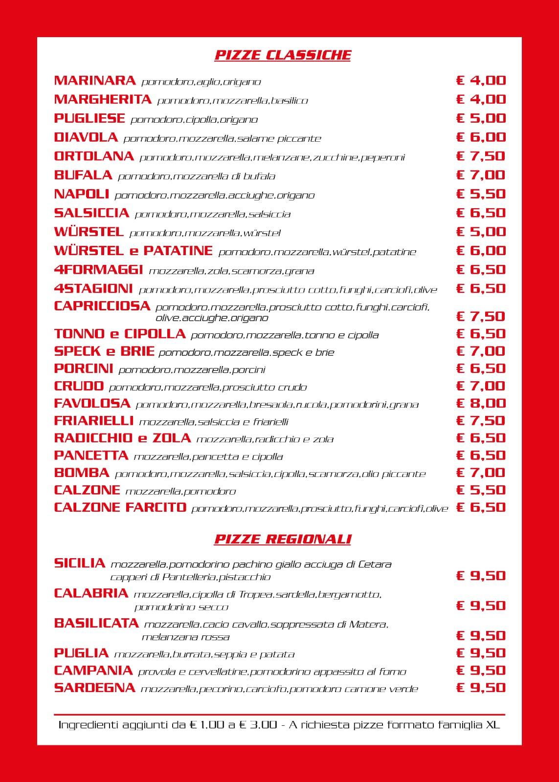 Menu da L'Italia in una Pizza ristorante, Balbiano