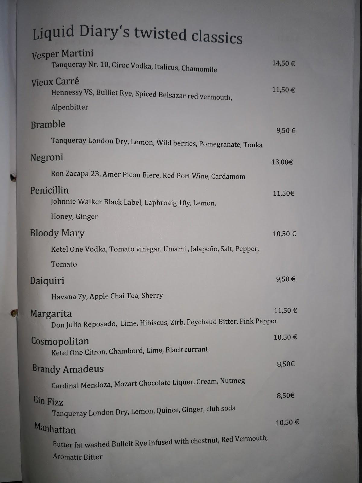 Carta del pub y bar Liquid Diary, Innsbruck