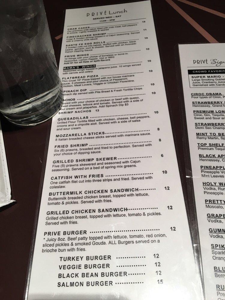Menu at Prive restaurant, Memphis, Winchester Rd