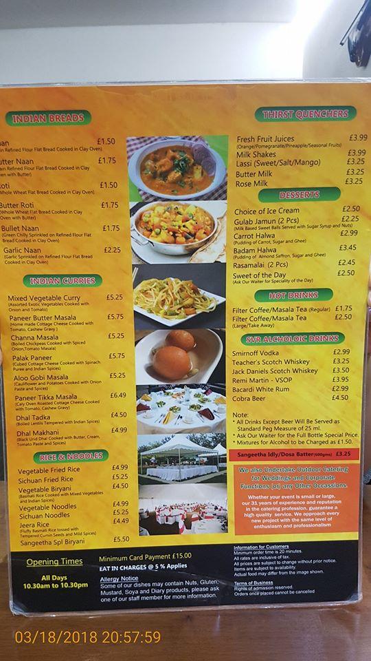 Menu at Sangeetha Vegetarian Restaurant, Hounslow, 320 Bath Rd