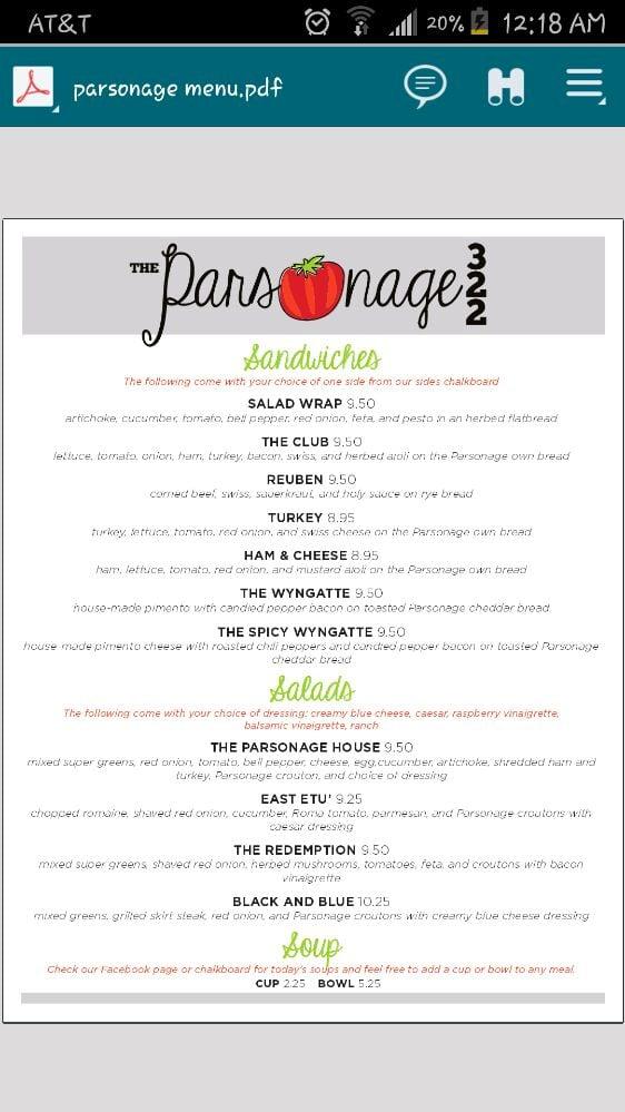Menu at The Parsonage restaurant, Jonesboro, 305 S Main St
