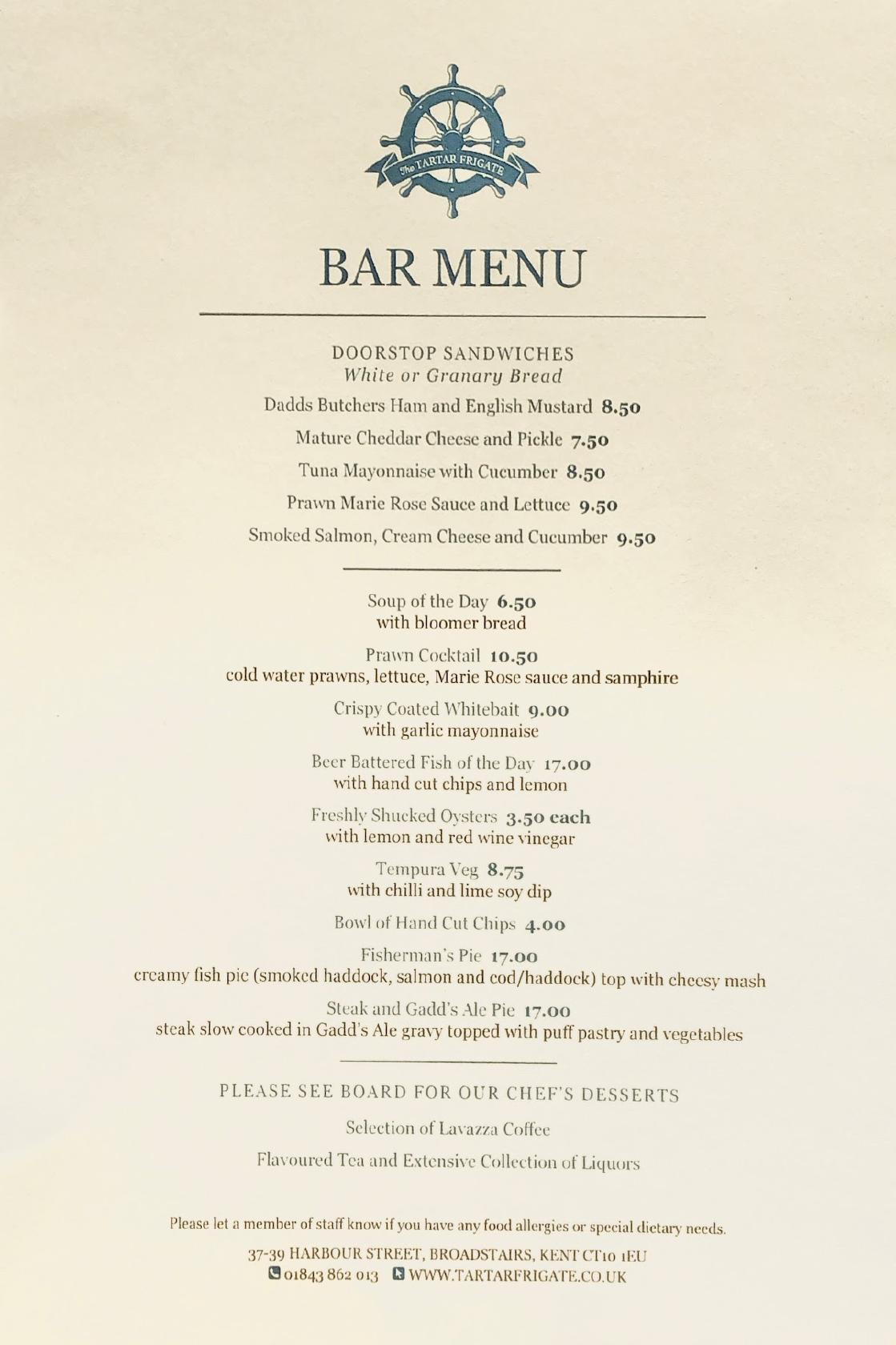 Menu at The Tartar Frigate pub & bar, Broadstairs