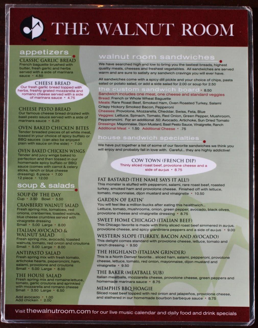 Menu at The Walnut Room pub & bar, Denver, Walnut St