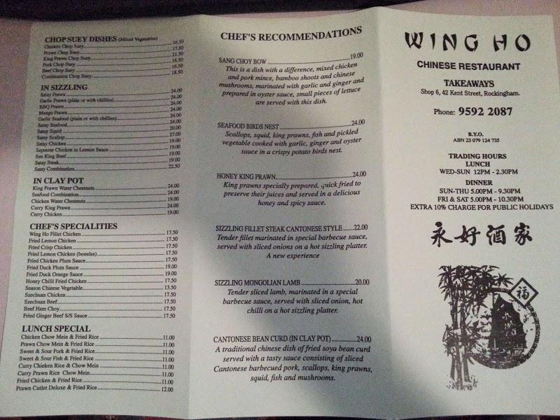 Menu at Wing Ho Chinese Restaurant, Rockingham