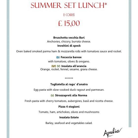 Menu at APULIA restaurant, London