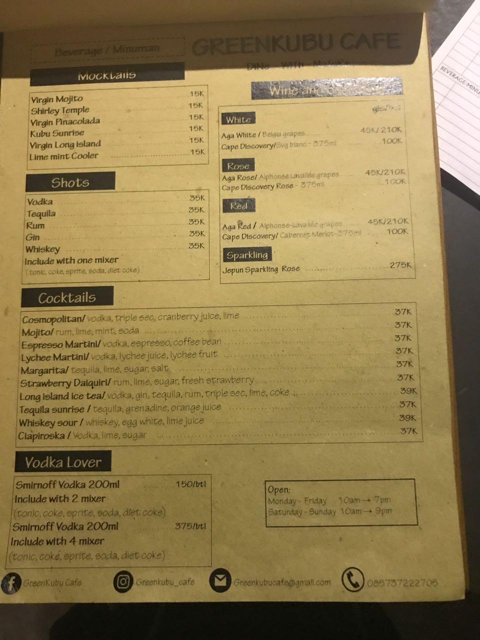 Menu at Green Kubu Cafe, Tegalalang