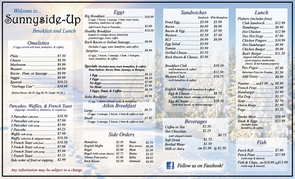 Menu at Sunnyside Up restaurant, Cornwall
