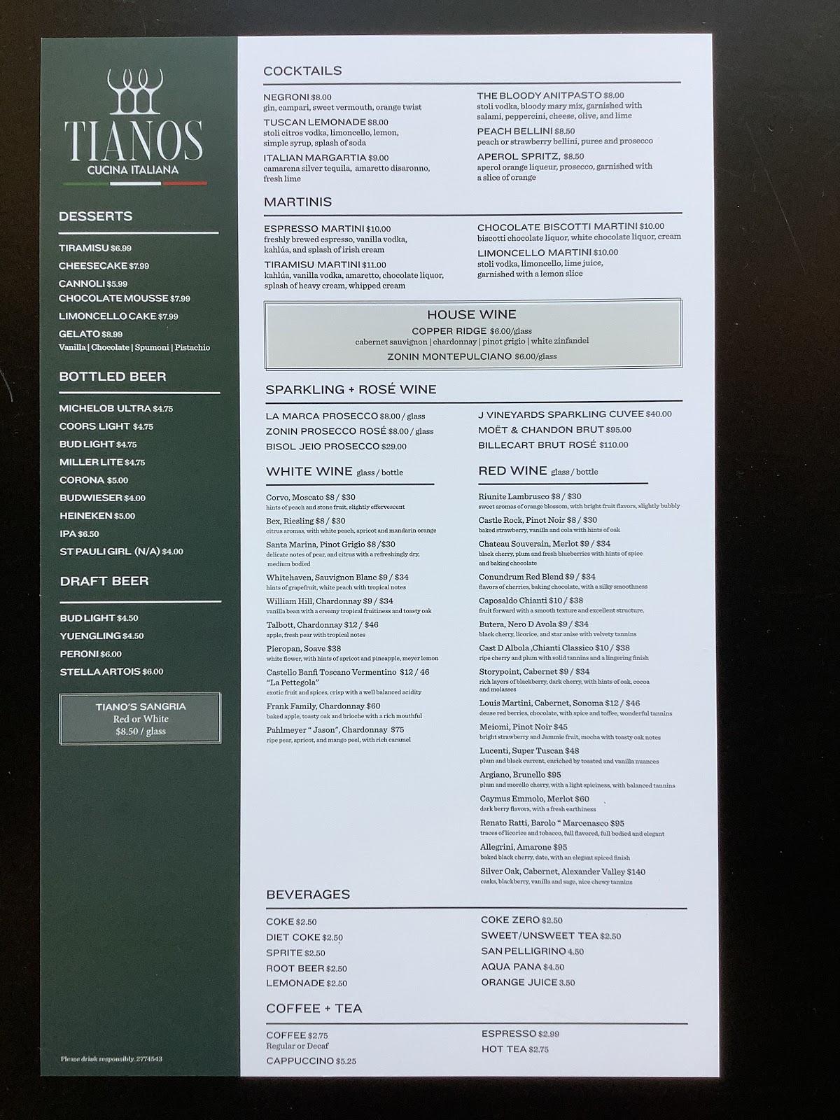 Menu at Tiano's Cucina Italiana pub & bar, Daytona Beach