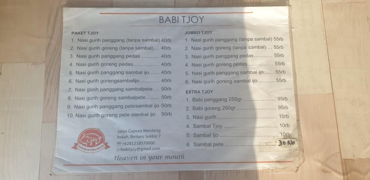 Menu at Babi Tjoy restaurant, Central Jakarta, Jl. Bend. Jatiluhur No.81