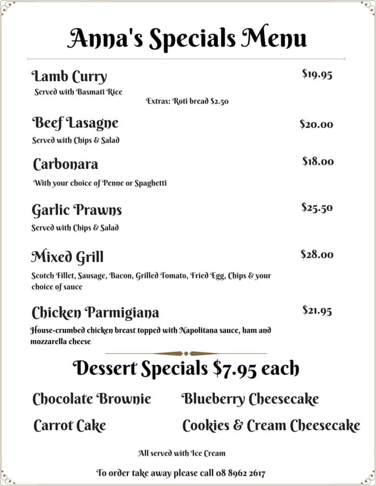 Menu at Anna's Restaurant, Tennant Creek