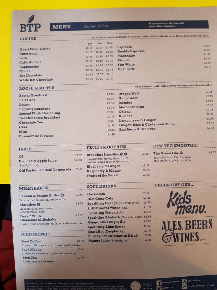 Menu at Boston Tea Party Alfred Street cafe, Bath, 8 Alfred St