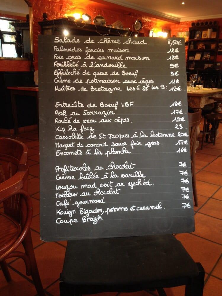 Menu at Chez Erwan restaurant, Quimper