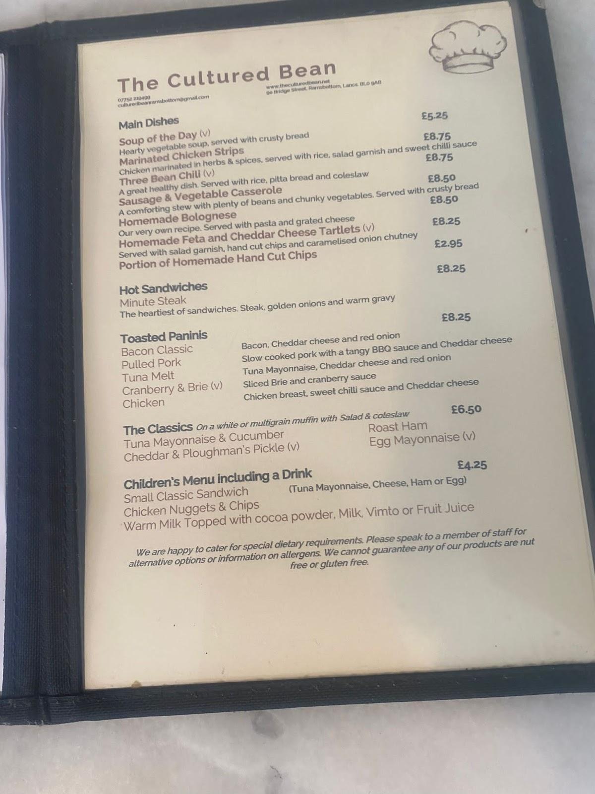 Menu at Cultured Bean restaurant, Bury